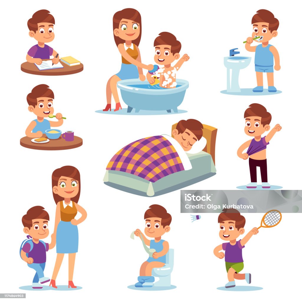 Ilustrații De Stoc Cu Mama De Zi Cu Zi Copii Fericiti Se Joaca Cu Mama Si Merg Pe Jos Activ