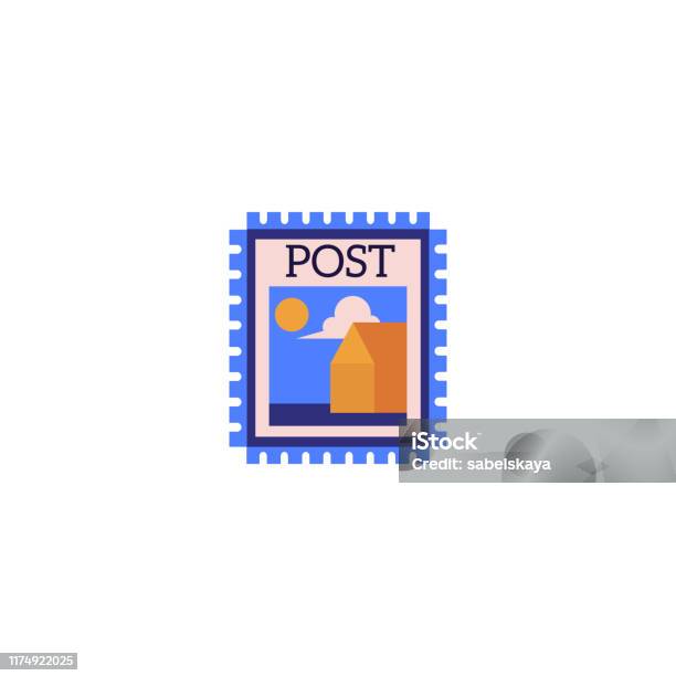 Postzegel Met Liggend Beeld En Blauwe Randen Geïsoleerd Op Witte