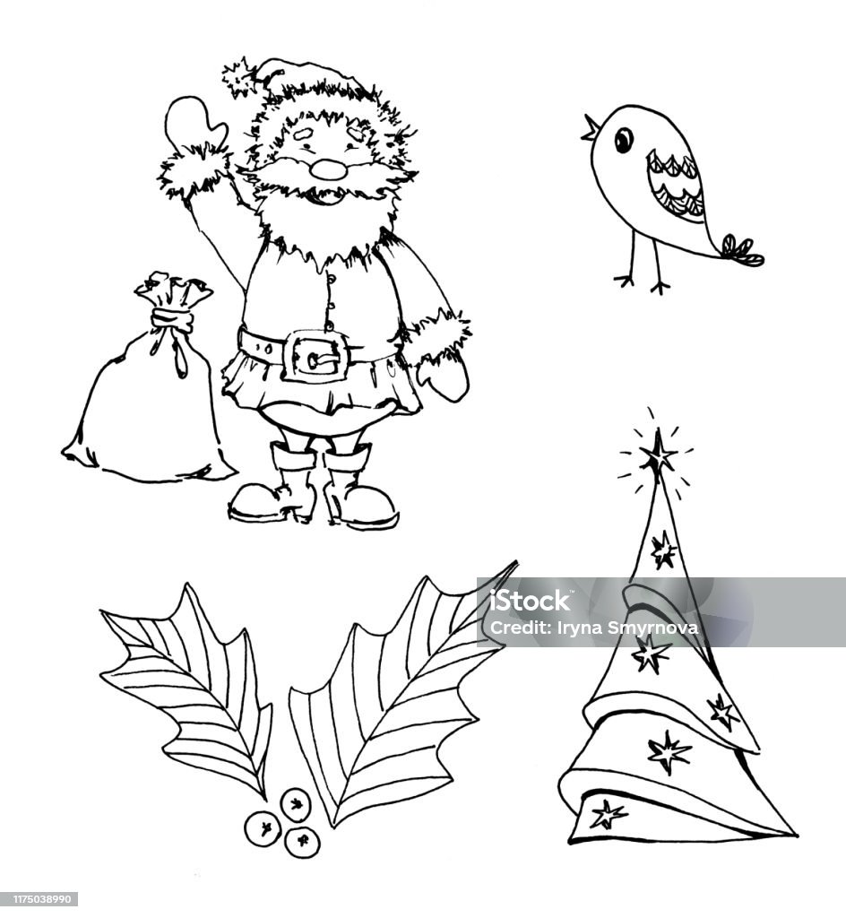 Sketsa Santa Claus Pohon Natal Karung Dua Daun Dengan Buah Beri Burung ... Sketsa Santa Claus Pohon Natal Karung Dua Daun Dengan Buah Beri Burung ...