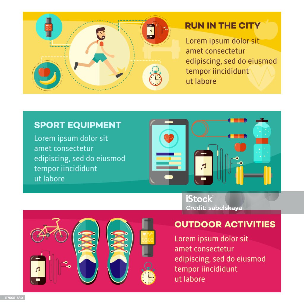 Sports And Healthy Lifestyle Horizontal Banners Set With Running Man