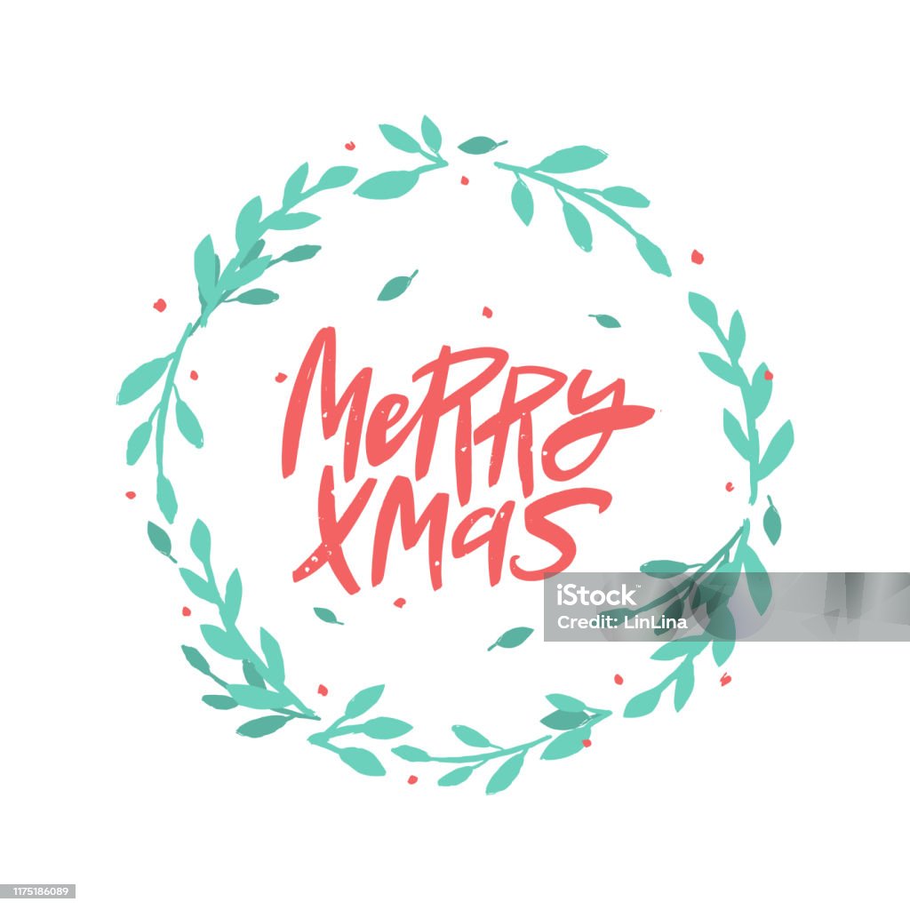 Merry Christmas Vector Brush Lettering In Floral Wreath Handwritten