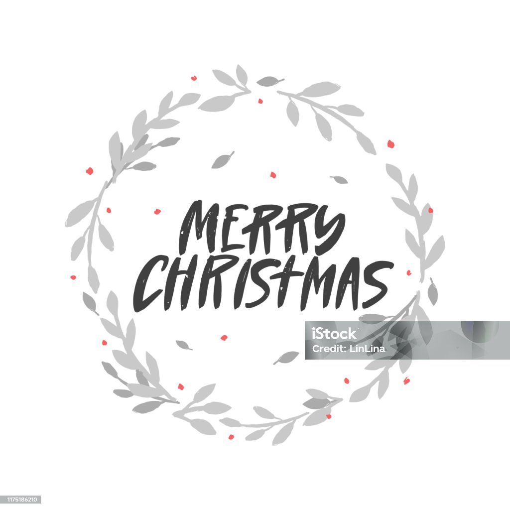 Merry Christmas Vector Brush Lettering In Floral Wreath Handwritten