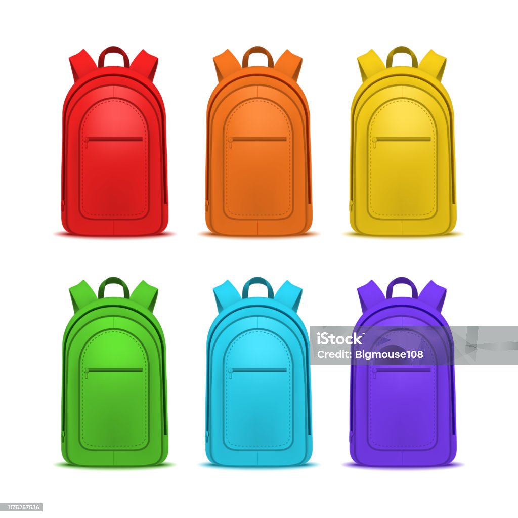 Realistis Rinci 3d Warna Kosong Sekolah Backpacks Template Mockup Set ... Realistis Rinci 3d Warna Kosong Sekolah Backpacks Template Mockup Set ...