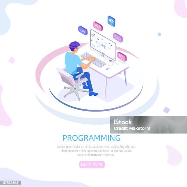 Karakter Isometrik Programmer Konsep Pemrograman Insinyur Web Di Tempat
