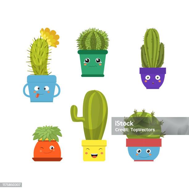 Koleksi Kaktus Lucu Dan Tanaman Sukulen Di Pot Dengan Ilustrasi Vektor