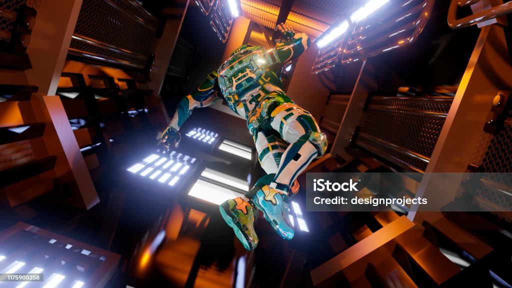 Astronot Terbang Di Terowongan Pesawat Ruang Angkasa Scifi Koridor
