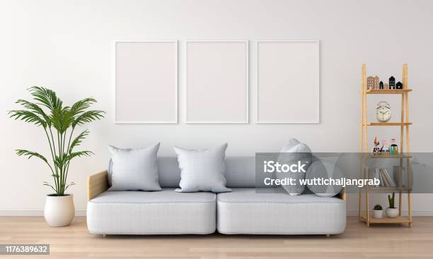 Tiga Bingkai Foto Kosong Untuk Mockup Di Ruang Tamu Rendering 3d Foto