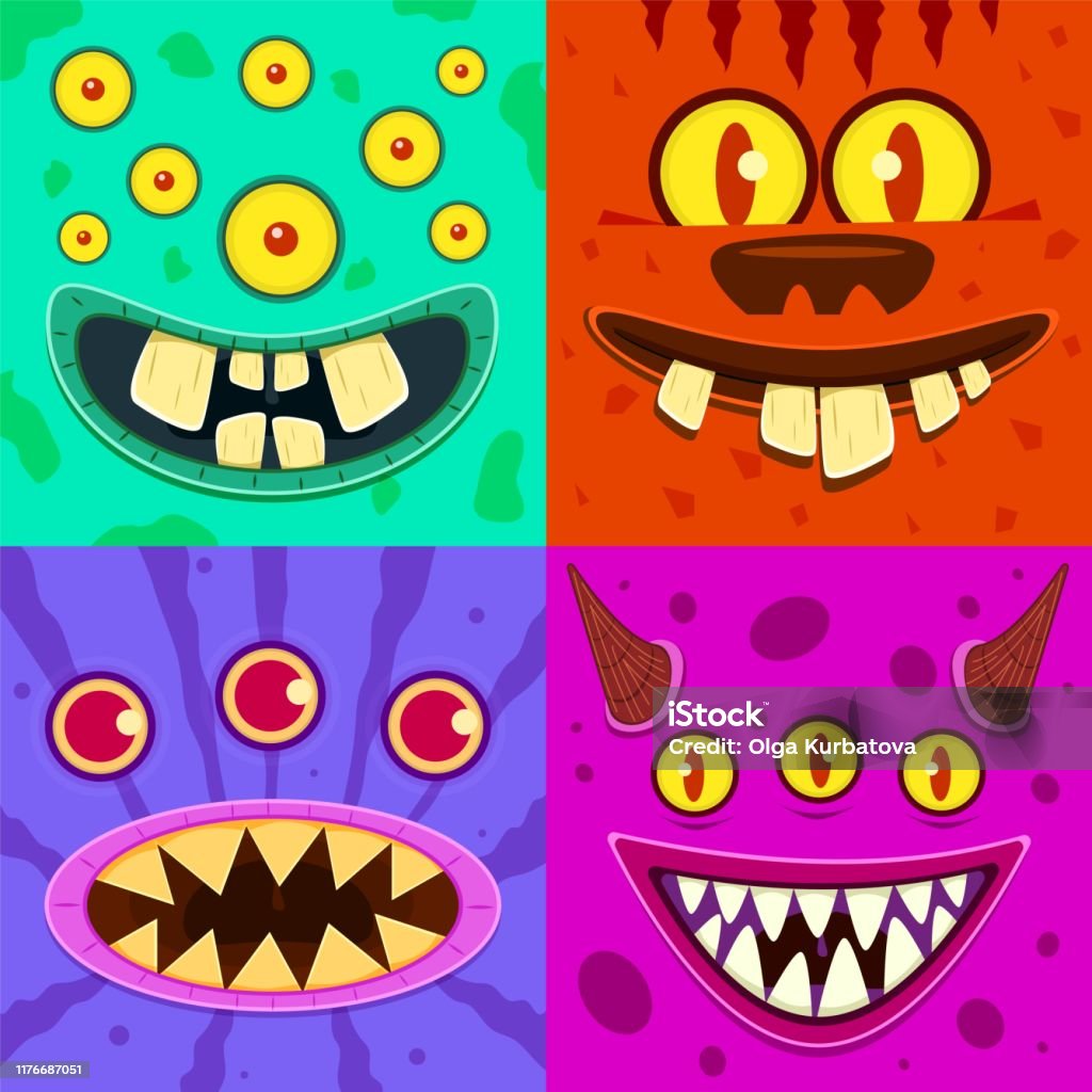Monster Faces Cute Horned Crazy Goblin And Slimy Gremlin Scary Aliens