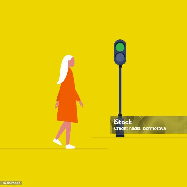Lampu Lalu Lintas Hijau Pejalan Kaki Wanita Muda Menyeberang Jalan