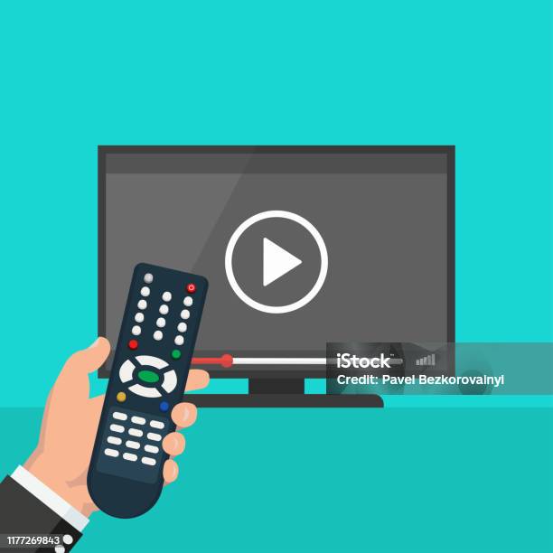 Tangan Memegang Remote Control Nirkabel Dekat Tv Layar Datar Menonton
