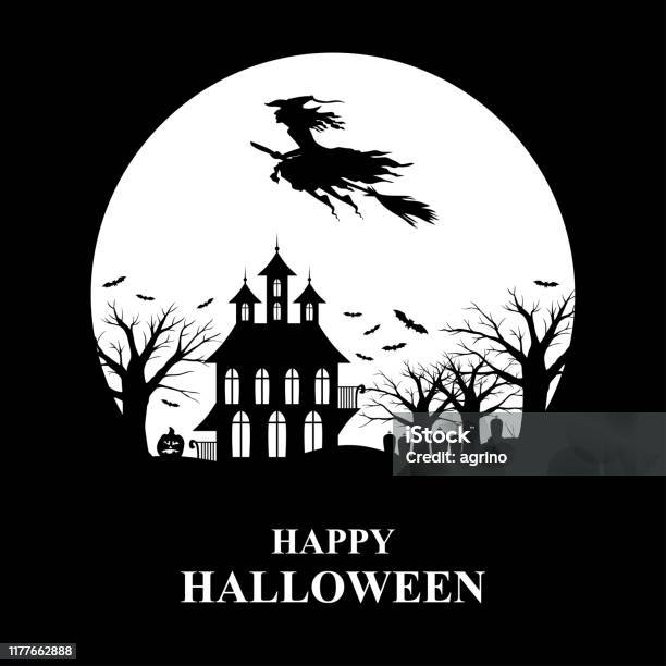Kartu Halloween Ucapan Selamat Dengan Penyihir Dan Bulan Ilustrasi Stok