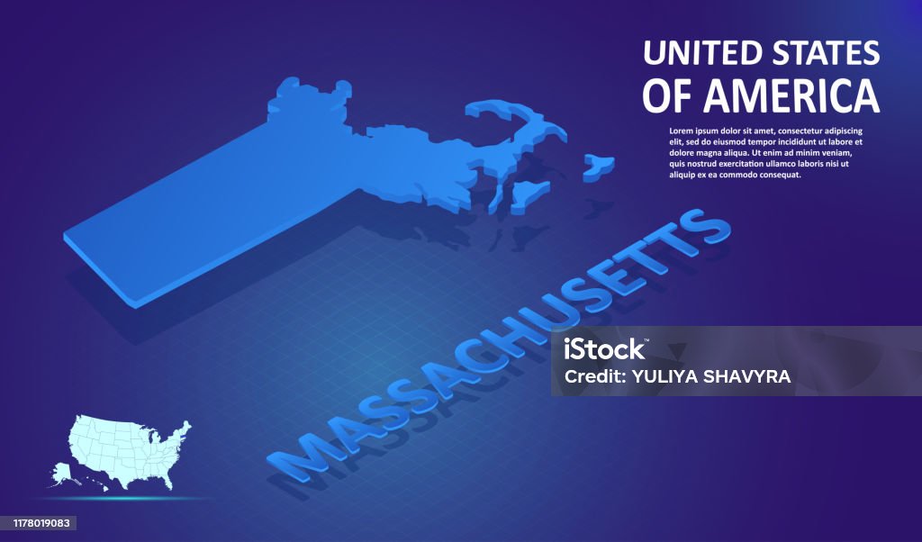 Isometric Massachusetts State Map On Blue And Glowing Background 3d