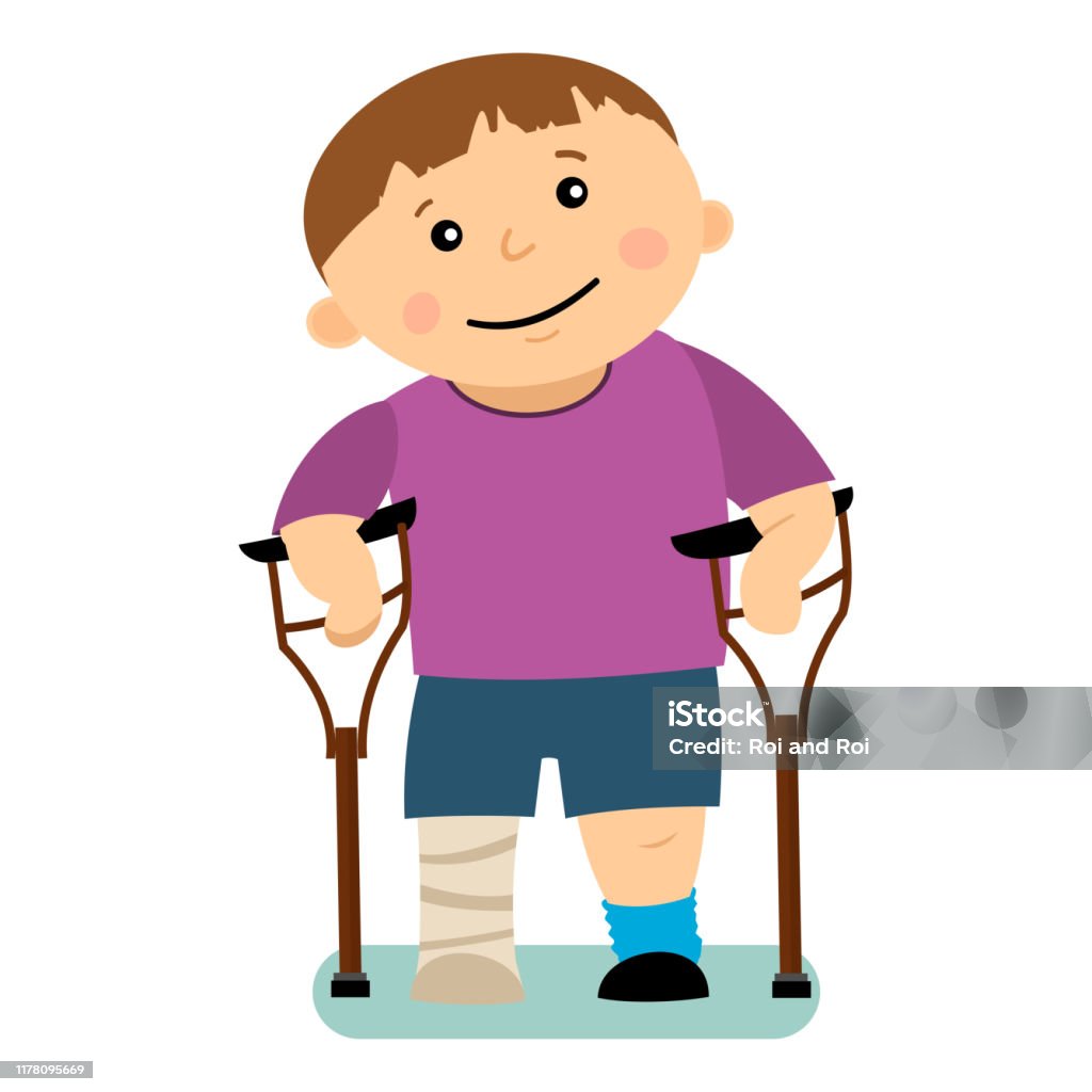 Anak Lakilaki Cacat Pada Kruk Dengan Kaki Gipsum Karakter Kartun Vektor ... Anak Lakilaki Cacat Pada Kruk Dengan Kaki Gipsum Karakter Kartun Vektor ...