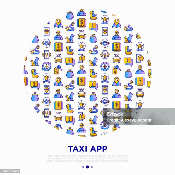 Vetores De Conceito Do App Do Táxi No Círculo Com Ícones Finos Da Linha