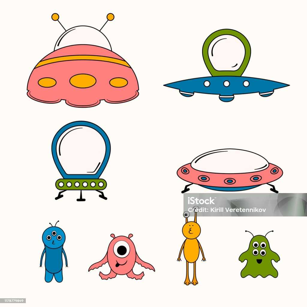 Set Kartun Ufo Lucu Dan Alien Tersenyum Antarjemput Untuk Penerbangan