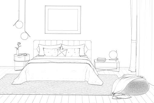 Sketsa Kamar Tidur Yang Nyaman Dengan Lukisan Meja Pouf Dan Kotakkotak Tampilan Depan Foto Stok