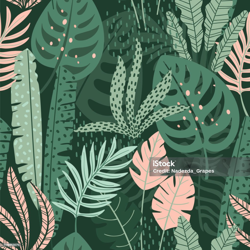 Abstract Seamless Pattern With Tropical Leaves Hand Draw Texture Stock