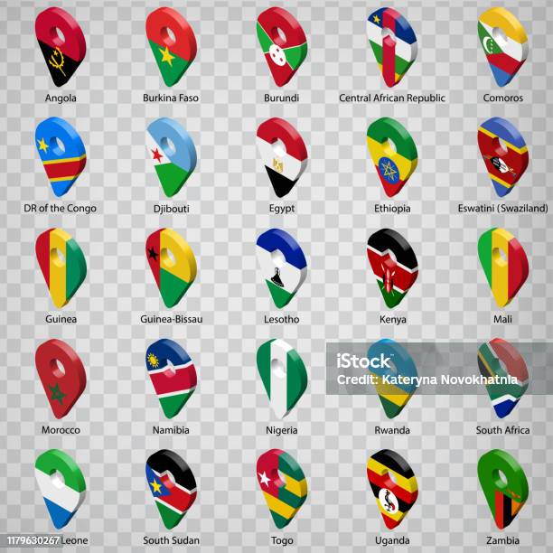 Vetores De Sinais Da Geolocalização 3d De Vinte Cinco Países Africanos