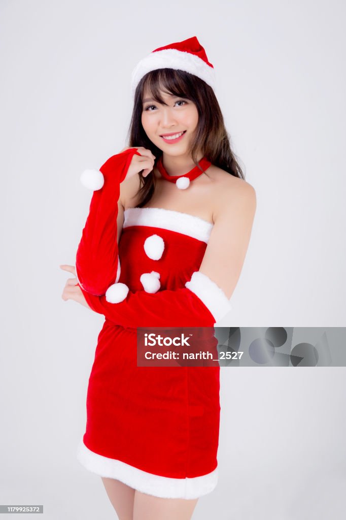 Beautiful Portrait Young Asian Woman Santa Costume Wear Hat Smiling