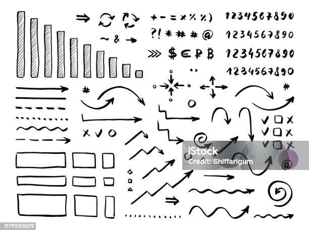 Handwrite Elements On White Background Numbers Arrows Symbols And Signs