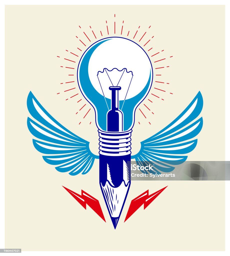 Crayon Avec Lampoule Didée Combinée En Symbole Avec Des Ailes Lart