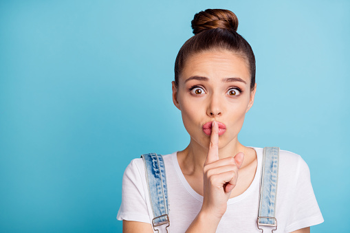Close Up Photo Of Frustrated Girl With Lips Pouted Plump Wearing White