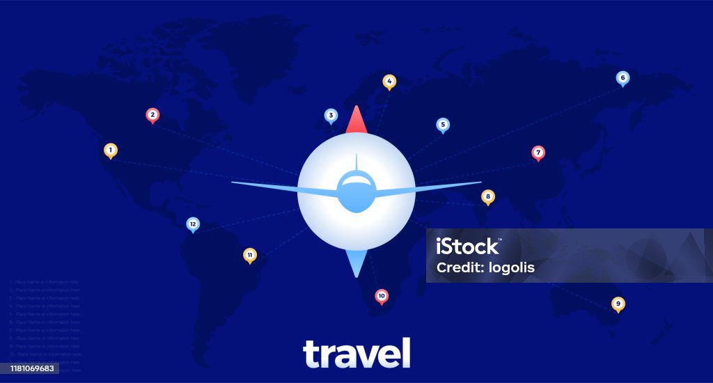 World Map Whit Dashed Trace Line With Pin Location And Airplanes In