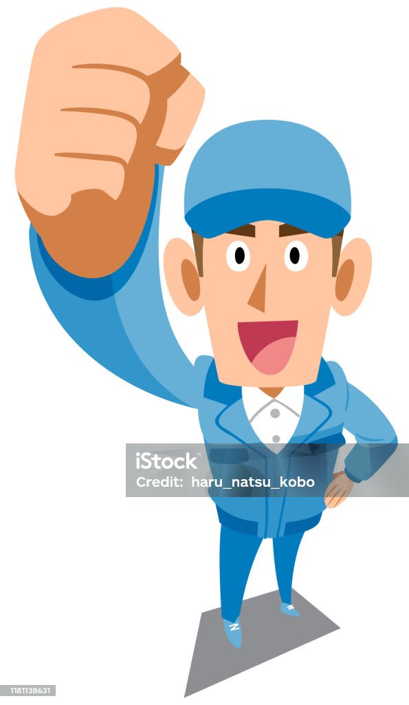 Seorang Pria Dengan Pakaian Kerja Biru Memegang Kepalan Tangan