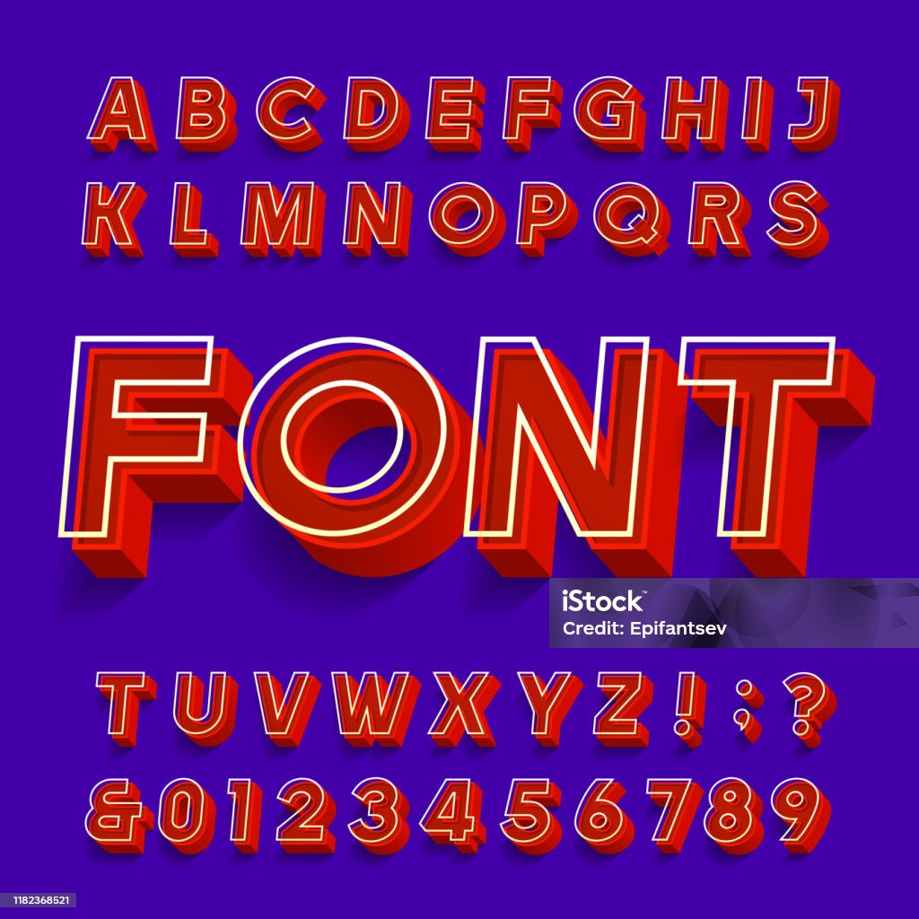 Font 3d Efek 3d Huruf Miring Dan Angka Dengan Bayangan Ilustrasi Stok