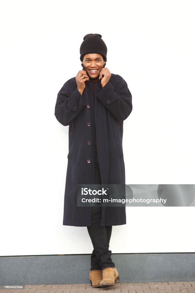 Full Body African American Male Fashion Model Smiling With Winter