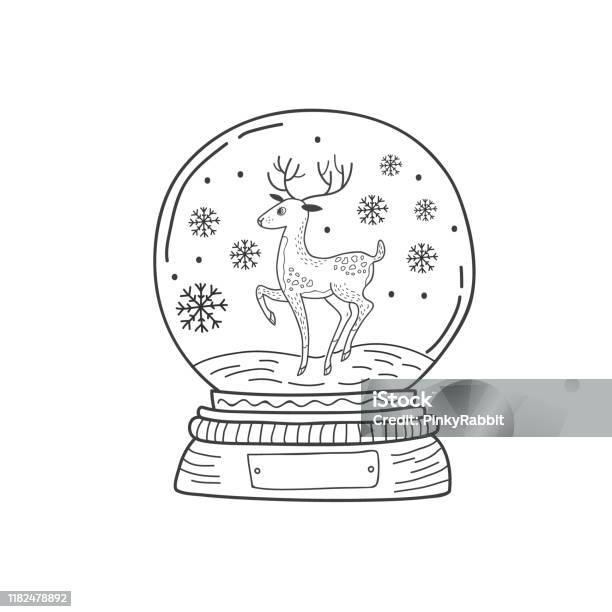 Bola Kristal Natal Dengan Rusa Dan Kepingan Salju Ilustrasi Linier