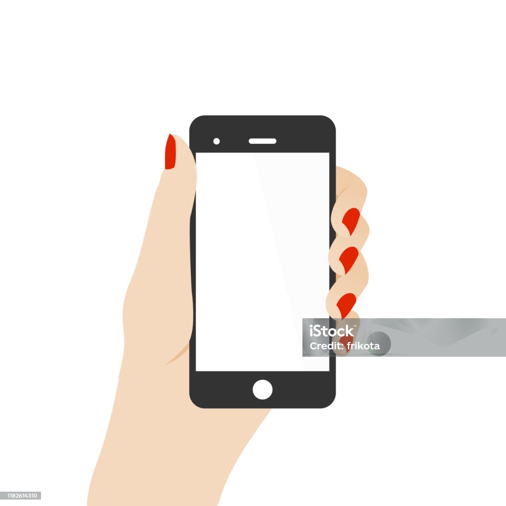 Woman Hand Holding Mobile Phone Vector Illustration Flat Design Stock