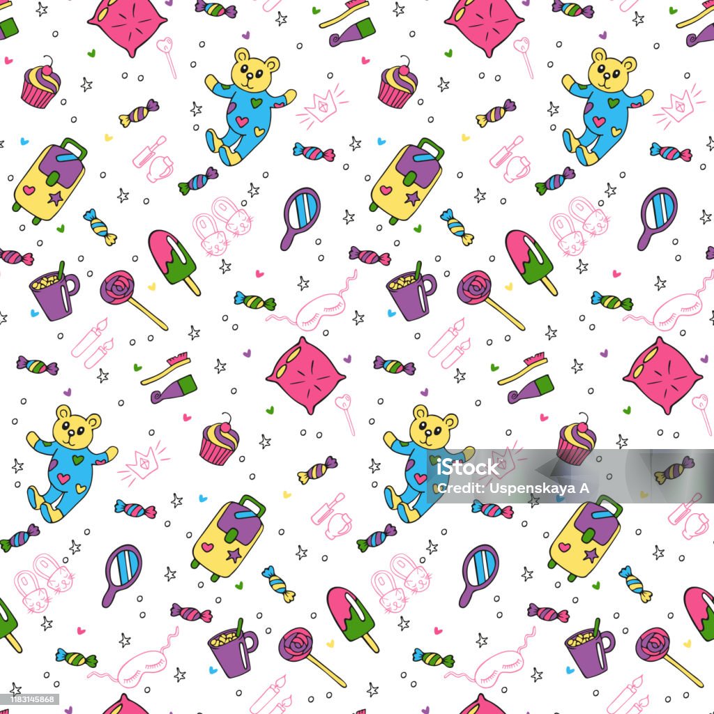 Seamless Pattern Of Objects For Pajama Sleepover Or Slumber Party In