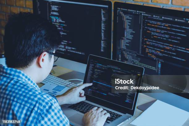 Soft Focus Blur Top View Developer Programming Hand Pointing And Coding Technology Website