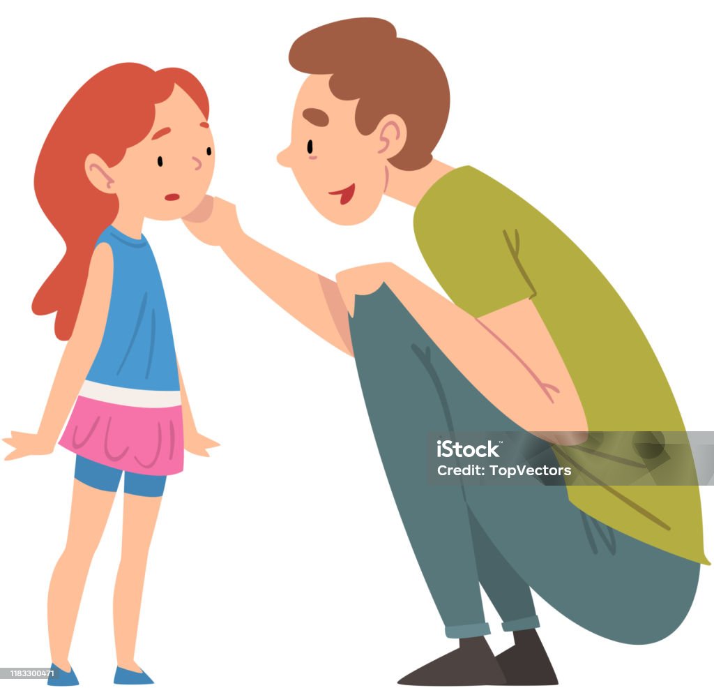 Papa Réconfortant Sa Fille Père Soccupant De Lenfant Accroupi Devant La Fille Lillustration