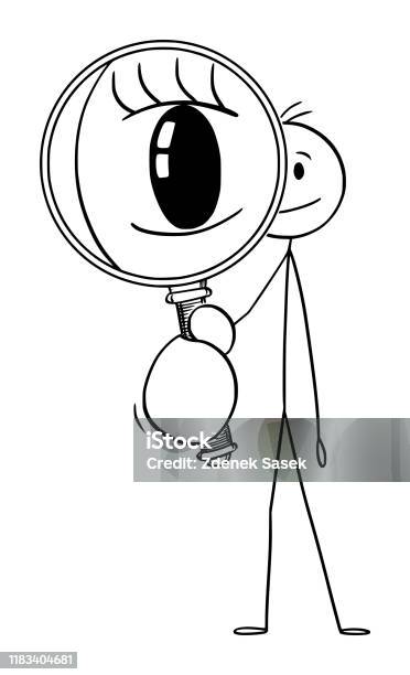 Vektorcartoonillustration Des Menschen Oder Detektiv Blick Durch Lupe ... Vektorcartoonillustration Des Menschen Oder Detektiv Blick Durch Lupe ...