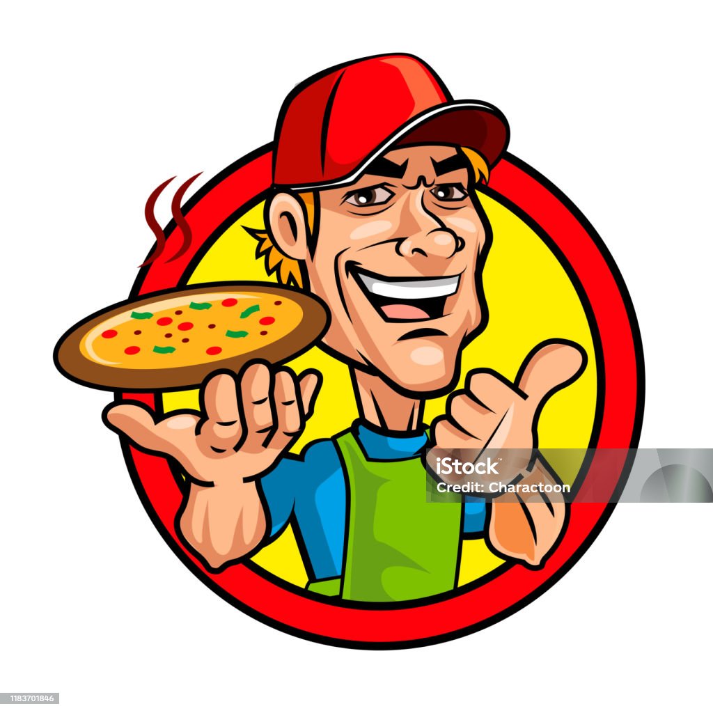 Koki Pizza Mengenakan Topi Merah Memegang Pizza Lezat Tanda Tangan Yang Bagus Ilustrasi Karakter