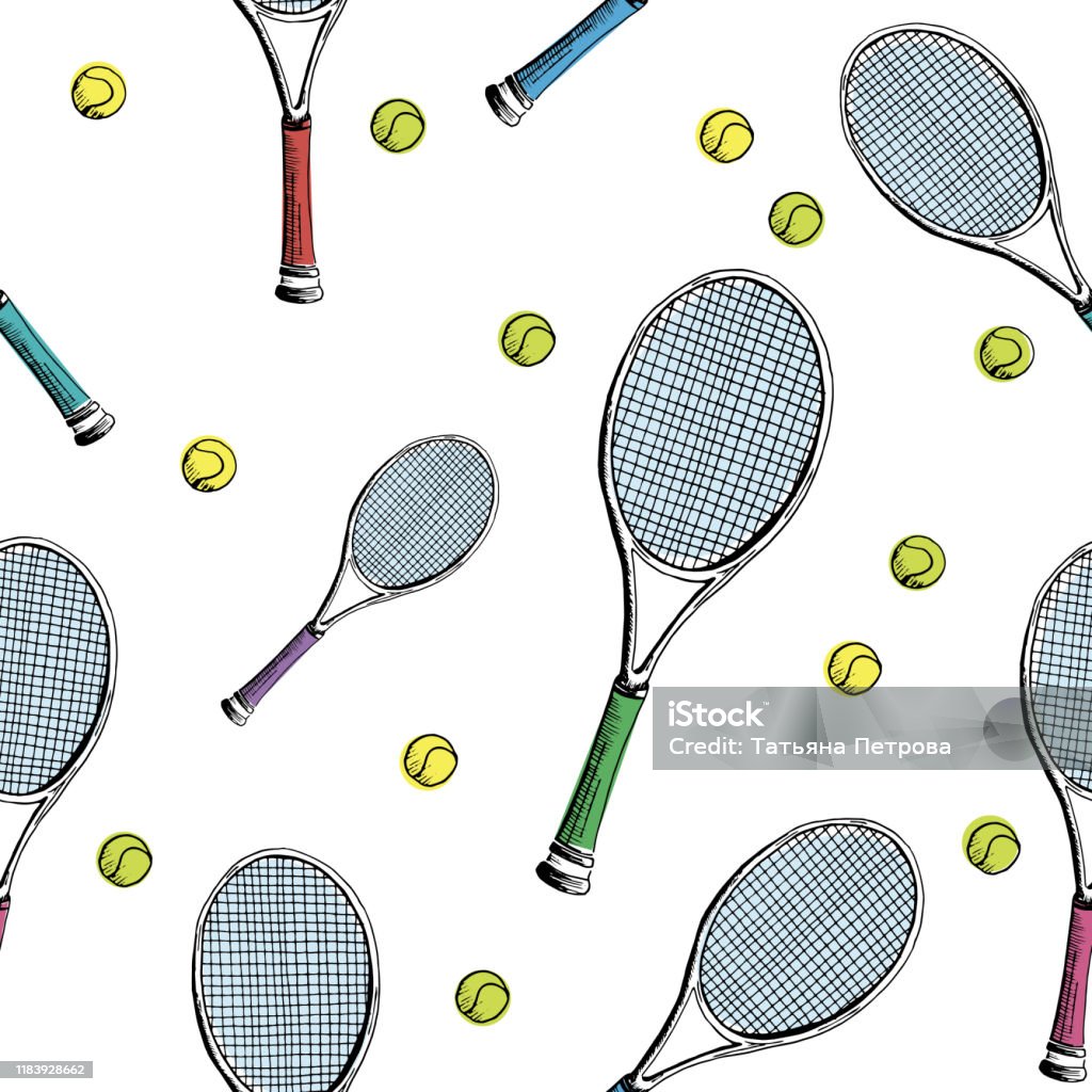 Latar Belakang Tenis Pola Mulus Raket Tenis Gaya Sketsa Berwarna Tangan Dengan Bola Tenis Kuning