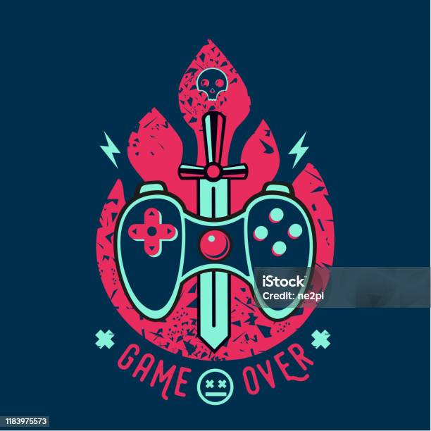 Ilustrasi Vektor Video Game Dengan Gamepad Dan Pedang Permainan Di Atas