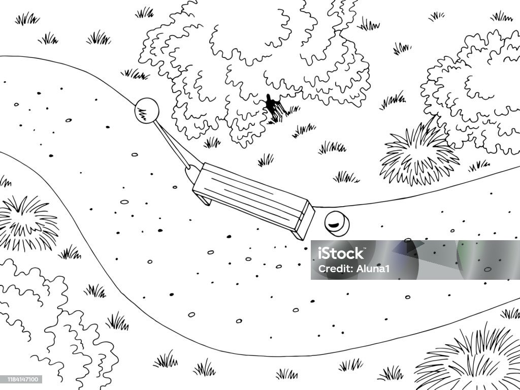 Pemandangan Taman Dari Atas Grafis Hitam Putih Lanskap Sketsa Vektor