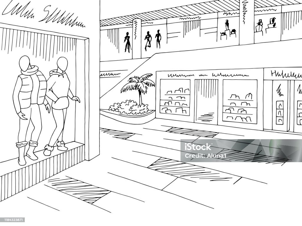 Pusat Perbelanjaan Grafis Hitam Putih Interior Sketsa Ilustrasi Vektor