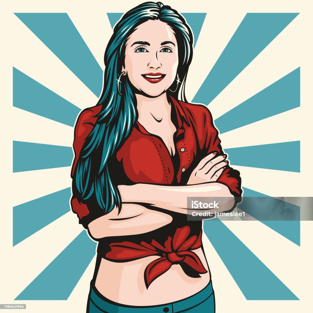 Pop Art Illustration Of A Happy Confident Woman With Her Arms Folded