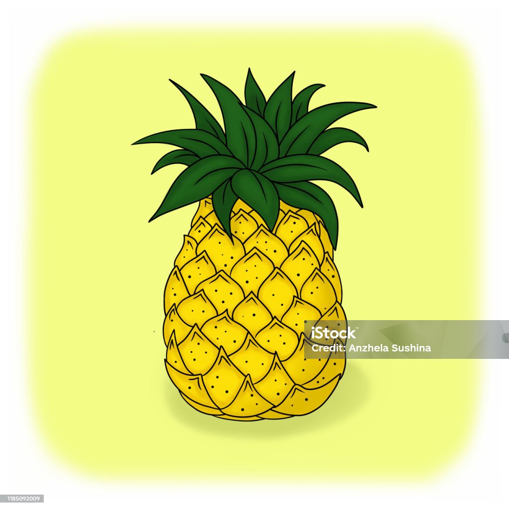Kartun Buah Nanas Dengan Latar Belakang Kuning Ilustrasi Warnawarni Yang Digambar Dengan Tangan