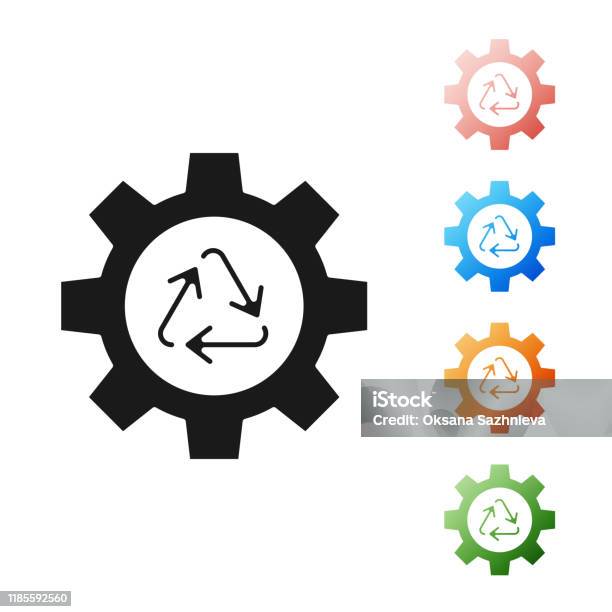 Zwart Recycle Symbool En Tandwielpictogram Geïsoleerd Op Witte