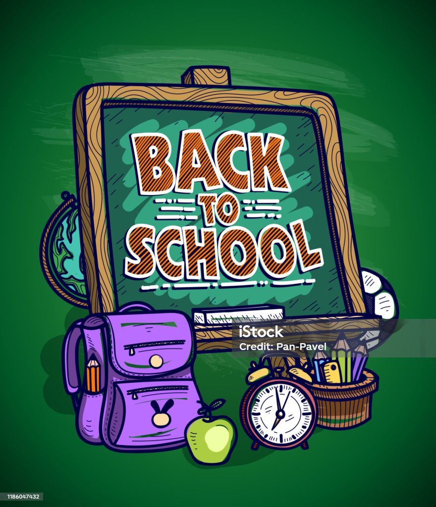Kembali Ke Desain Poster Grafis Sekolah Dengan Papan Tulis Hijau Dan