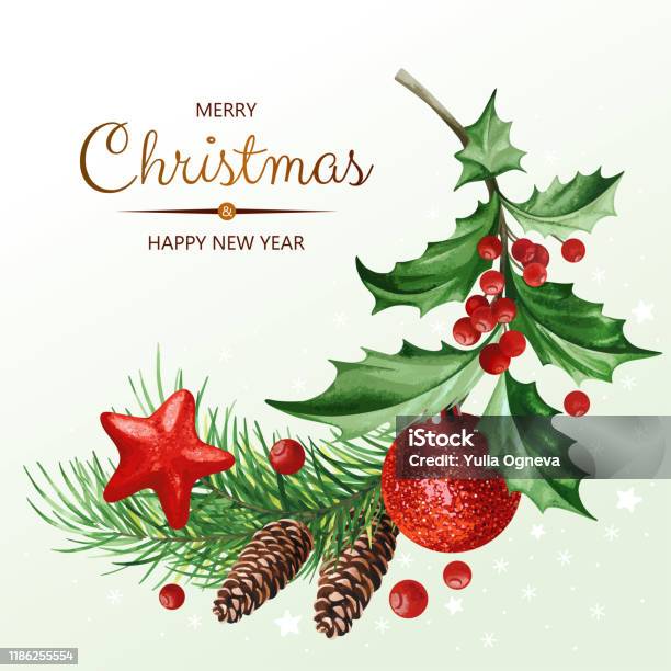 Spanduk Persegi Dengan Teks Dan Dekorasi Natal Daun Holly Pohon Natal