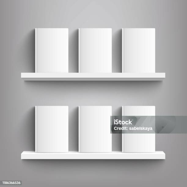 Enam Buku Putih Dengan Penutup Kosong Di Rak Buku Mockup Realistis