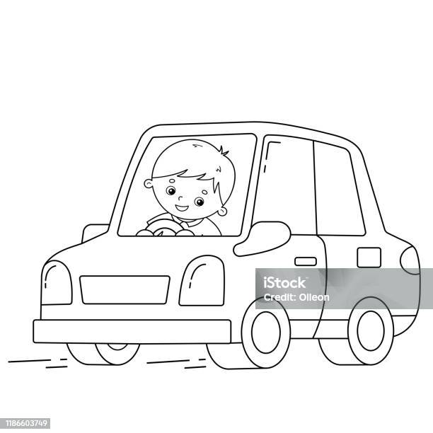 Coloriage Page Outline De Voiture De Dessin Animé Avec Le Conducteur