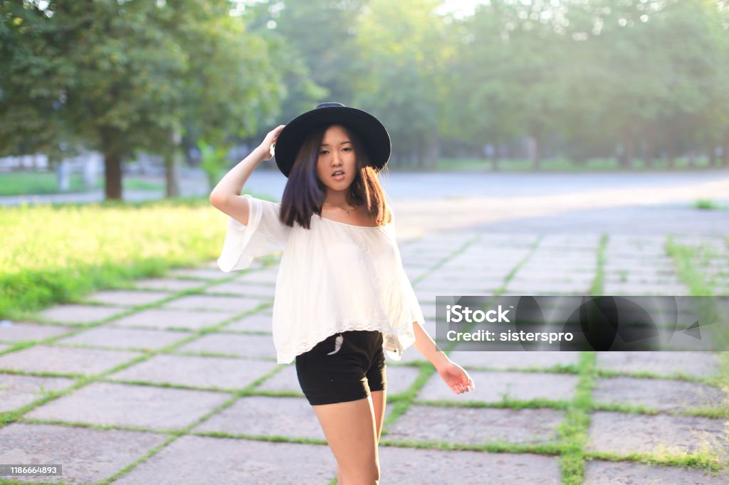 Wonderful Female Hat Asian Sunset Cheerful Emotions Laughter Stock