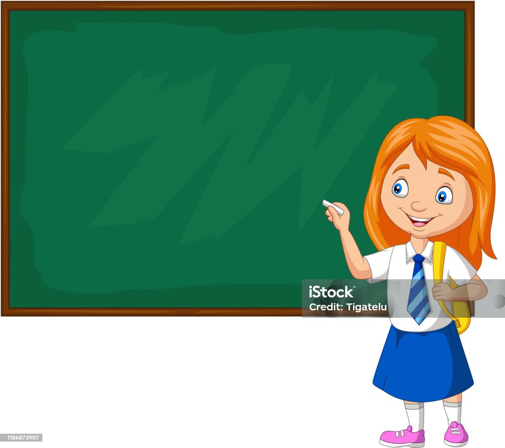 Écolière De Dessin Animé Dans Lécriture Uniforme Sur Le Tableau Noir